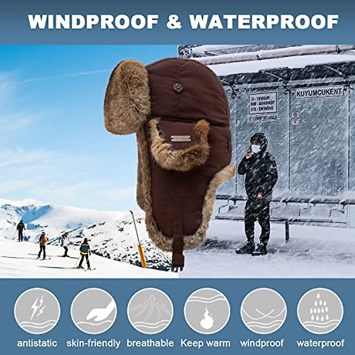 Winter Trapper Hat for Men Women Russian Fur Winter Ushanka Hat Men Aviator Bomber Hat with 100% Rabbit Fur Mens Trapper Hat Brown