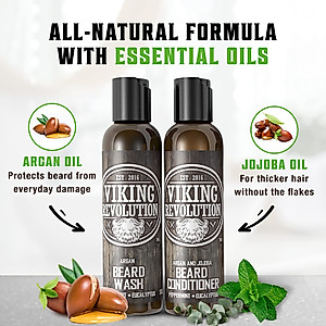 Viking Revolution Beard Care Set with Argan & Jojoba Oils - Softens, Smooths & Nourishes Facial Hair Growth - Peppermint and Eucalyptus Scented Wash & Conditioner (5 oz)