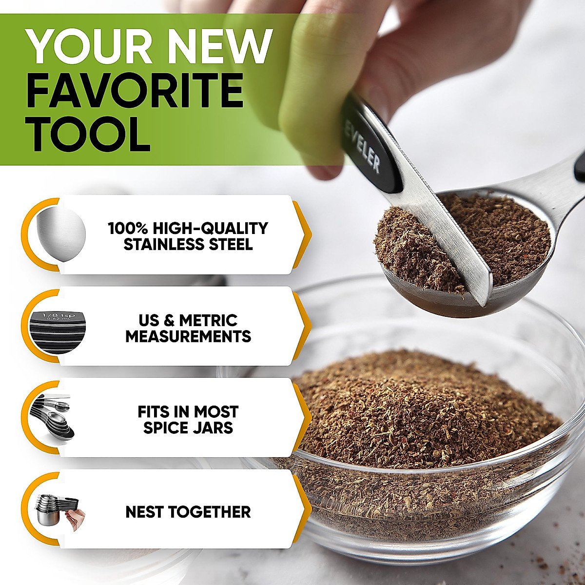 Spring Chef Magnetic Measuring Cups & Spoons Set (Patent Pending), Strong N45 Magnets, Heavy Duty Stainless Steel Fits in Spice Jars for Baking & Cooking, BPA Free, Round Set of 15 with Leveler, Black