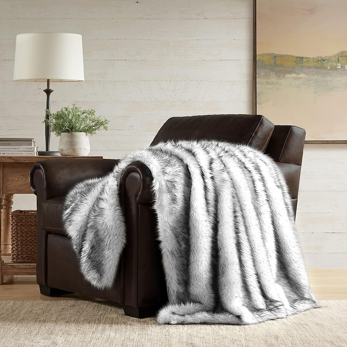 Hyde Lane Long Pile Faux Fur Throw Blanket, Luxury Fluffy with Black Tipped Throws for Home Couch Sofa Decor, Fuzzy Plush Blankets for Women, Direwolf (50x60)