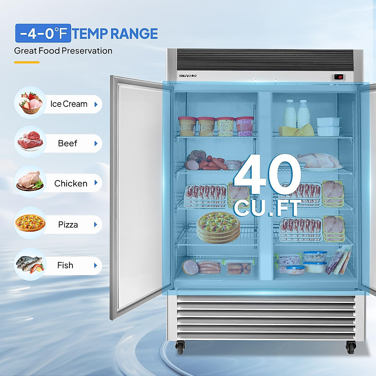 ROVSUN 54"W Commercial Freezer Reach in Freezer ETL NSF Certified, 49 Cu.Ft Upright Freezer Stainless Steel w/ 2 Door Auto Defrosting LED Light Adjustable Shelves for Restaurant Cafe Garage