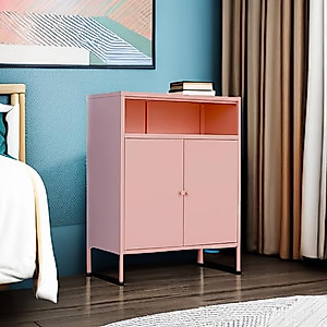 Fumedo 2 Door Metal Storage Accent Cabinet for Bed Room,Living Room,Home,Hotel,Office,Garage,Kitchen,2-Tier,1 Removable Shelf,7.1''H Open Top Space. (Pink)