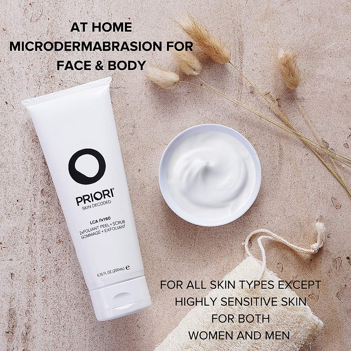 Priori Skincare 2xfoliant Peel + Scrub for Face and Body Lactic Acid Retinol Vitamin C, E At-Home Microdermabrasion Anti-Irritant Dermatologist Tested 6.8 fl oz