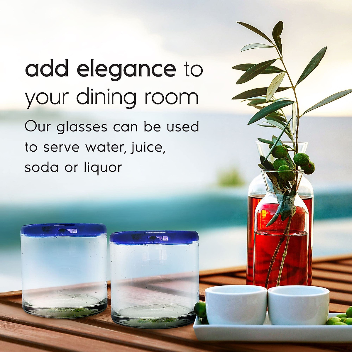 MexHandcraft Cobalt Blue Rim 8 oz DOF Rock Glasses (set of 6), Recycled Glass, Lead-free, Toxin-Free (DOF Rocks)