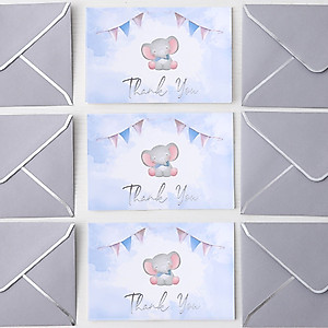 Winoo Design Heavy Duty Baby Shower Thank You Cards Boy - 36 PK - Silver Letterpress Elephant Thank You Cards Baby Shower Baby Boy Thank You Cards Cute Watercolor Thank You Cards Blue