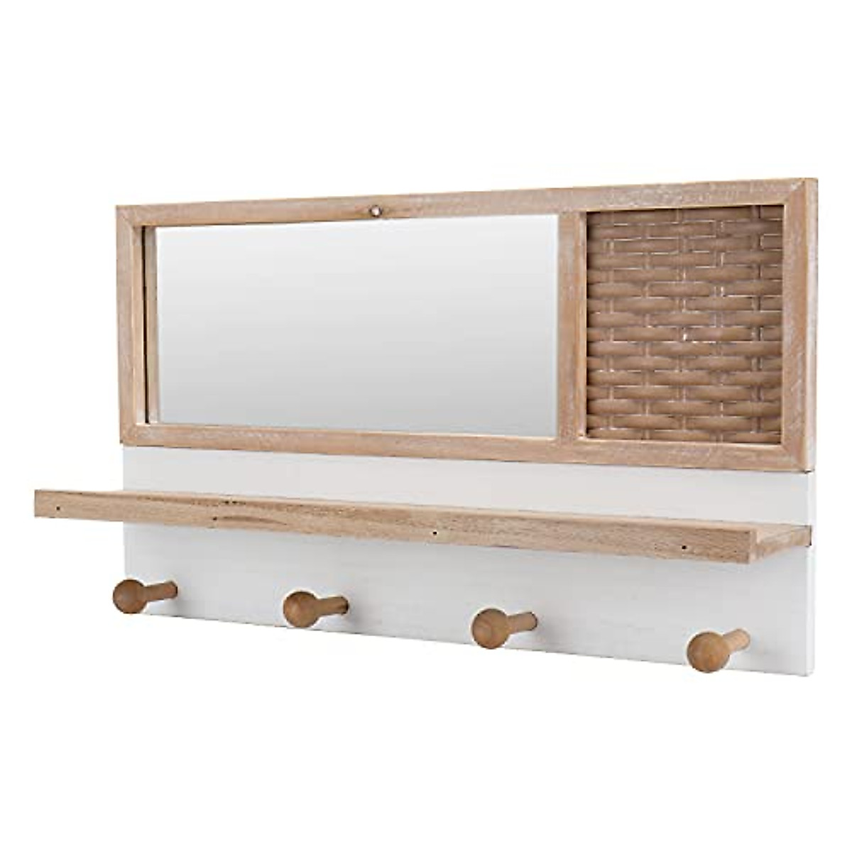 Hanna Roberts Decorative Boho Chic Wall Mount Shelf with Mirror and 4 Hooks for Entryway, Kitchen, Mudroom, Bathroom