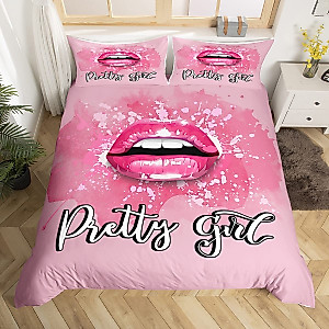 Erosebridal 3D Print Bed Sets Full Size,Pink Lip Duvet Cover for Kids Girls Women Teens,Sexy Theme Comforter Cover for Home Room Decor,Romantic Valentines Day Bedding Sets with 2 Pillow Covers