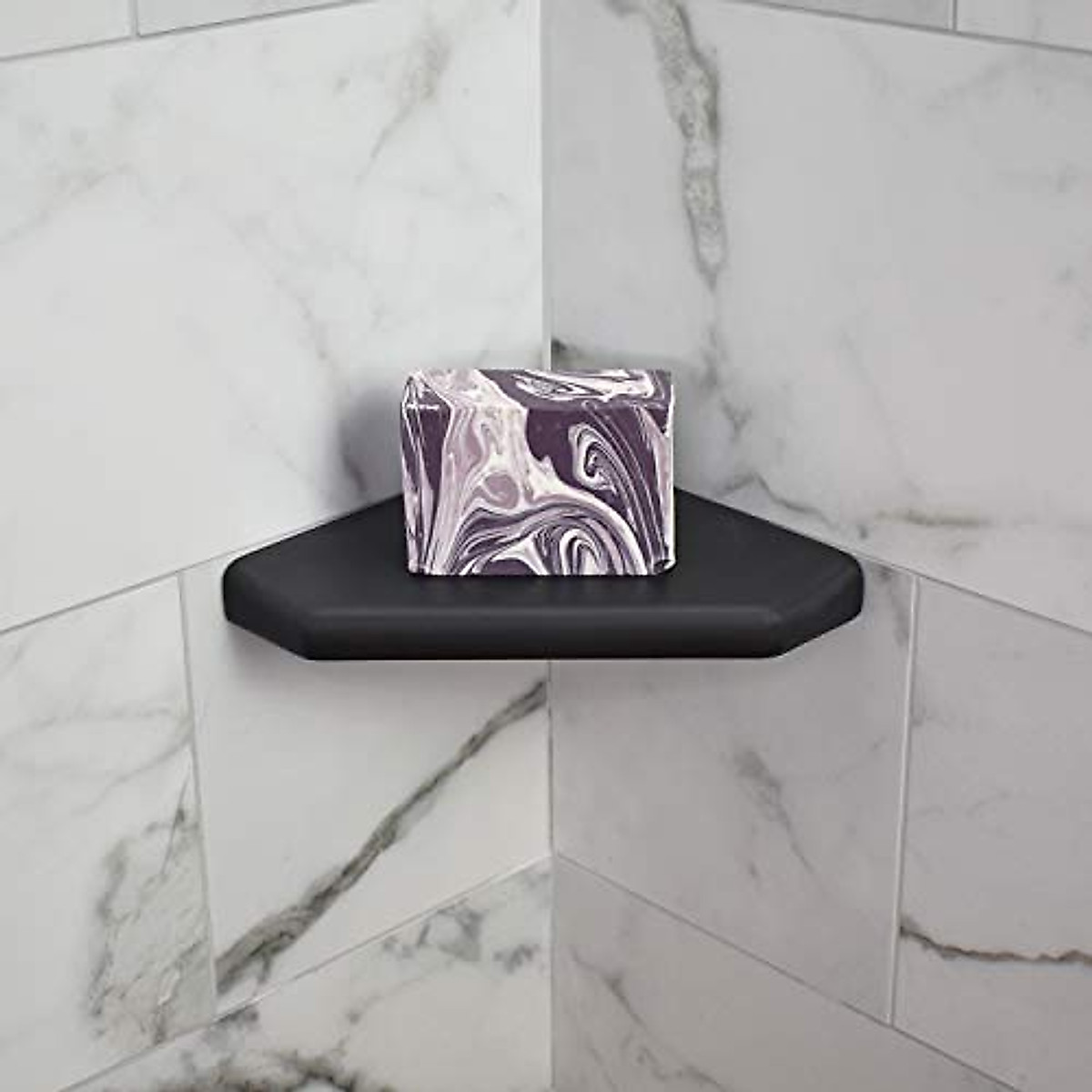 Questech Décor 5 Inch Shower Soap Dish, Bathroom Shelf Storage Organizer, Lugged For New Construction, Corner Shower Shelf Caddy For Tiled Shower Walls, 5 Inch Geo Lugged, Graphite Black