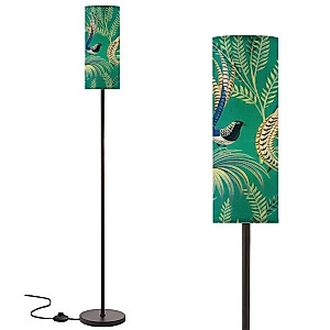 Modern Standing Lamps Vintage garden pomegranate fruit tree plant exotic bird floral Minimalist Floor Lamp Metal Pole Lamp with Linen Lampshade for Bedroom Living Room Office Nursery Reading
