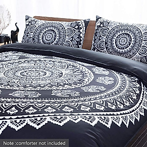 DasyFly 3 Piece Bohemian Duvet Cover Sets Queen Size Mandala Elephant Boho Chic Bedding Duvet Cover Sets for Aducts Boys Girls Black White