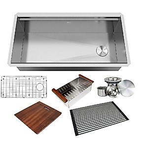 KINGSMAN ALL-IN-ONE Workstation 36 in. 16-Gauge Undermount Single Bowl Stainless Steel Kitchen Sink w/Build-in Ledge and Accessories (Brushed Stainless Steel)