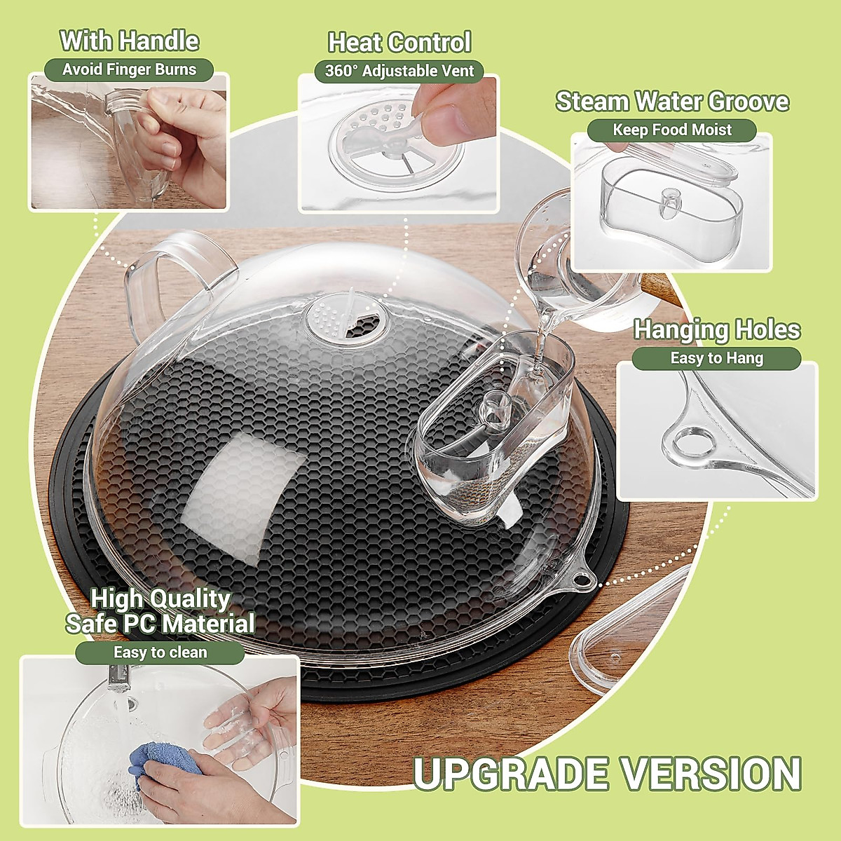 MAGJIUKE Microwave Splatter Cover for Food, Clear Microwave Lid with Water Steamer, Integrated Handle, Splatter Guard, 10” Plate Covers & 12" Mat, BPA-Free, Essential Kitchen Gadgets and Accessories