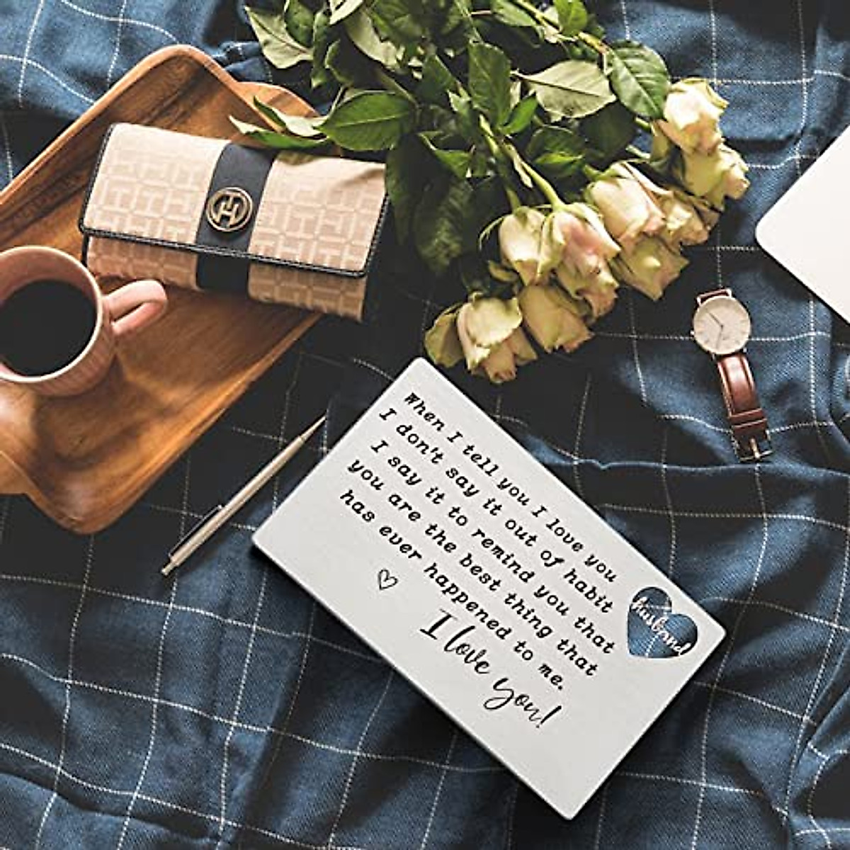 YODOCAMP Husband Metal Engraved Wallet Insert Card, Gifts for Husband from Wife, Husband Hubby Fiance Anniversary Birthday Christmas Valentine's Day Romantic Gifts