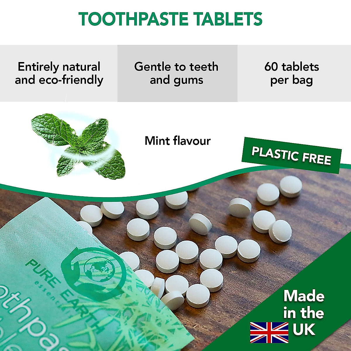 Zero Waste Toothpaste Tablets with Fluoride - Vegan & Eco Friendly Travel Toothpaste Tablets for Healthy Teeth & Fresh Breath - 60 Count by Pure Earth Essentials