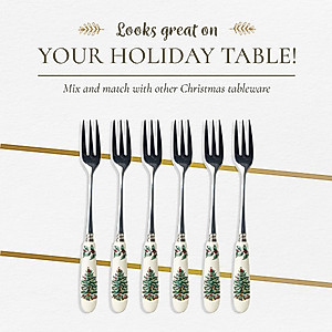 Spode Christmas Tree Collection Pastry Forks, Set of 6, Stainless Steel Fork, Porcelain Handle, 6-Inch Salad, Spaghetti, Appetizer, and Dessert Fork, Holiday Silverware