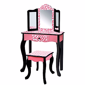 Teamson Kids Leopard Prints Wooden 2-pc. Play Vanity Set with Tri-Fold Mirror, Storage Drawer and Matching Stool to Play Dress-up, Princess or Beauty Shop, Black/Pink