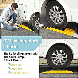 Homeon Wheels RV Leveling Blocks, Heavy Duty Camper Leveling Blocks and Chocks Anti-Slip Pads One Top Tire Saver Ramp, 3 Black Slanted Ramps, 9 Interlocking Leveling Blocks with Storage Bag(WH-202P)