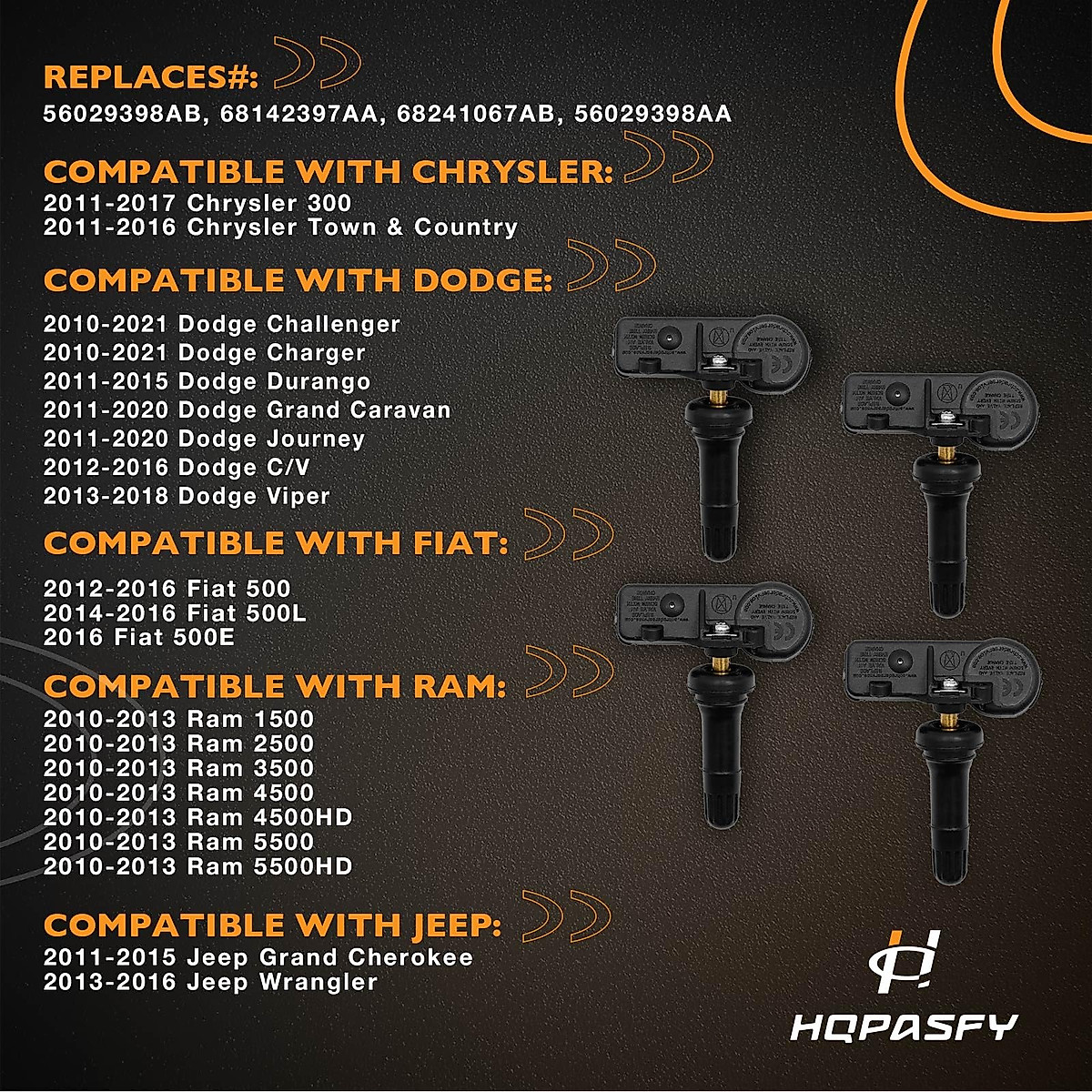 HQPASFY Tire Pressure Sensor 433MHz TPMS 4PCS Compatible with Dodge Charger Challenger Ram Chrysler 300 & More Replaces# 56029398AB