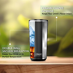 The Clean Hydration Company Tumbler Insulated with Lid, Double-Wall Vacuum, 20 Oz Travel, Office Tumbler, Hot & Cold Drinks, Ceramic Interior, Spill-Proof, BPA-Free, No Metal Taste