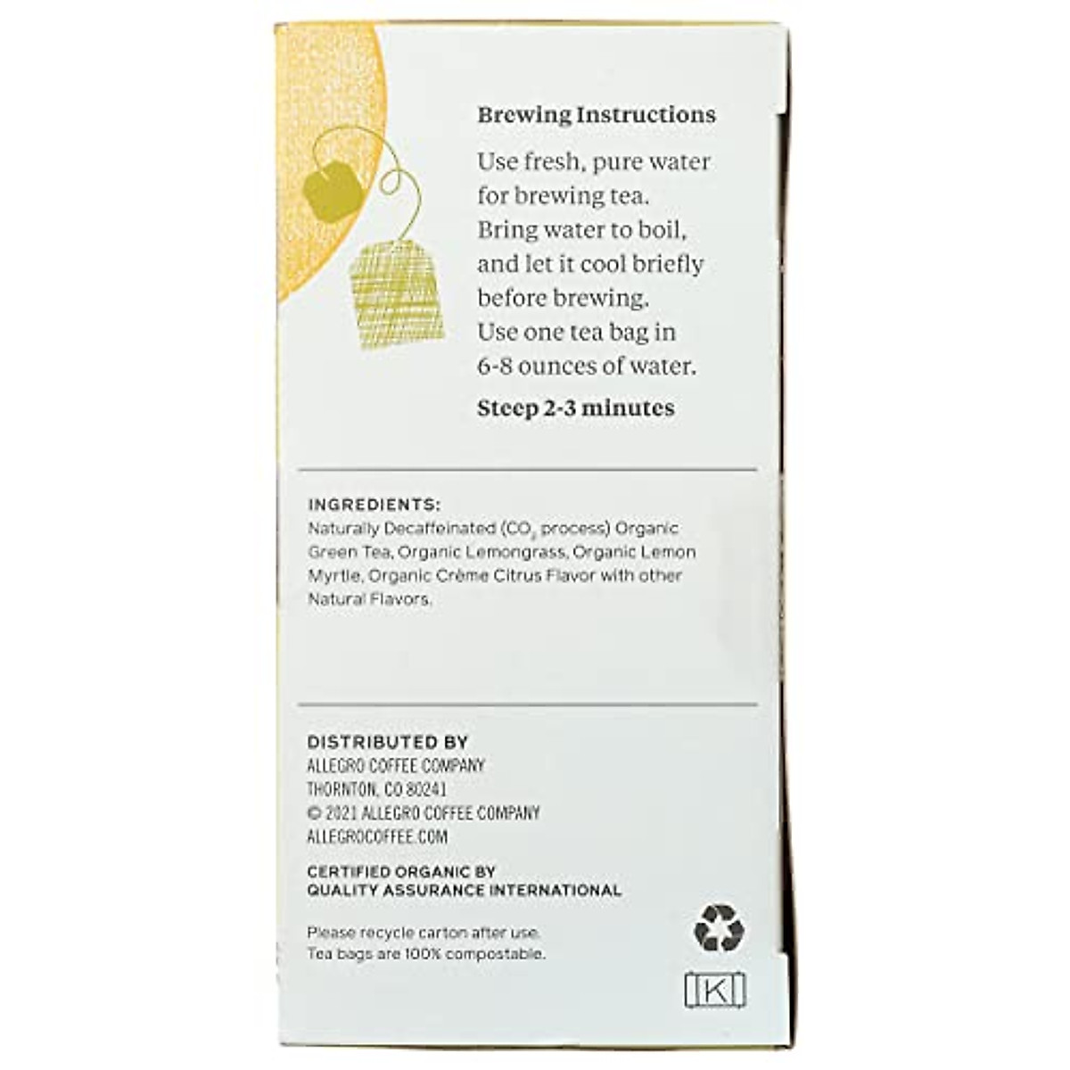 Allegro Tea, Organic Decaf Lemon Green Tea Bags, 20 ct