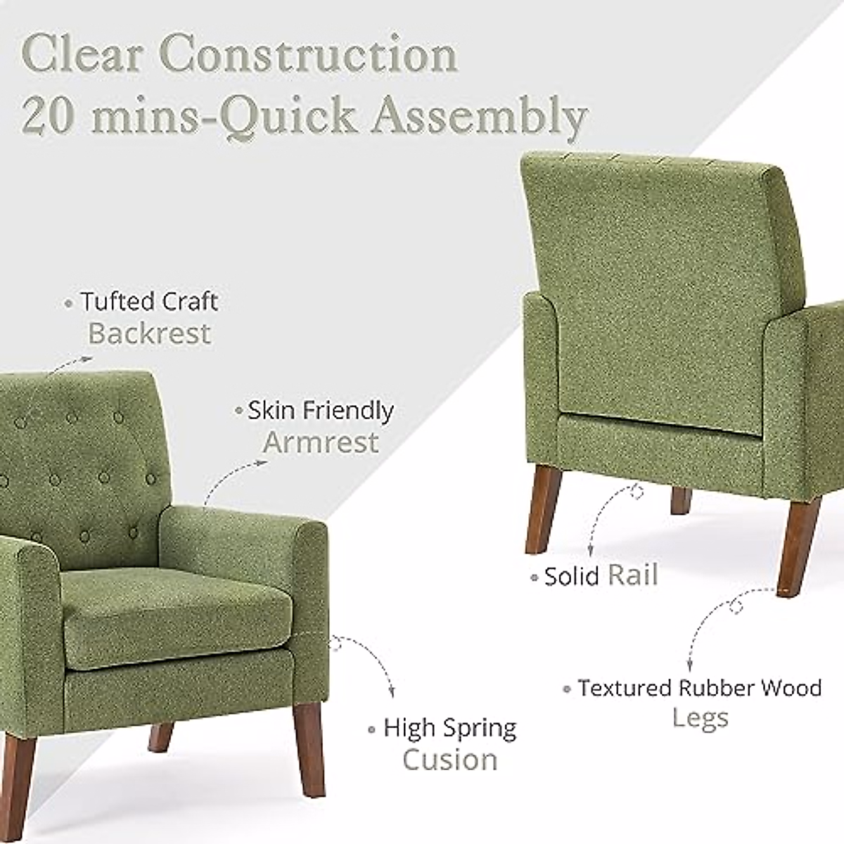 LUE BONA Avocado Green Linen Accent Chair 18.5" H, Button Tufted Armchair, Comfy Living Room Chair with Arms, Upholstered Modern Arm Chairs for Bedroom, Living Room