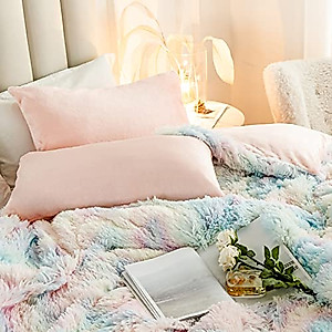 CHOSHOME Plush Shaggy Duvet Cover Set Queen Size, Tie Dye Fluffy Faux Fur Comforter Cover Set, Fuzzy Flannel Bedding Set, 3 Pieces (1 Furry Duvet Cover + 2 Pillow Shams), Zipper Closure, Rainbow