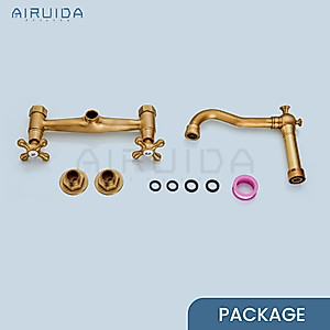 Airuida Antique Brass Wall Mount Commercial Sink Faucet Wall Mounted Kitchen Faucet 360 Rotatable Spout 2 Hole Double Cross Handles 8 Inch Center Tap for Utility Laundry Restaurant Sink