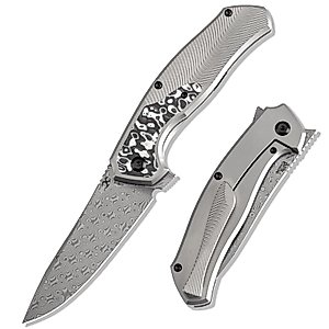 KANSEPT HAVØRN Pocket Folding Knives for Men Women Camping Hiking Folding Knife 3.48'' Damascus Blade Pocke Knife with Titanium Black and White Carbon Fiber Inlay Handle Everyday Carry K1069A1