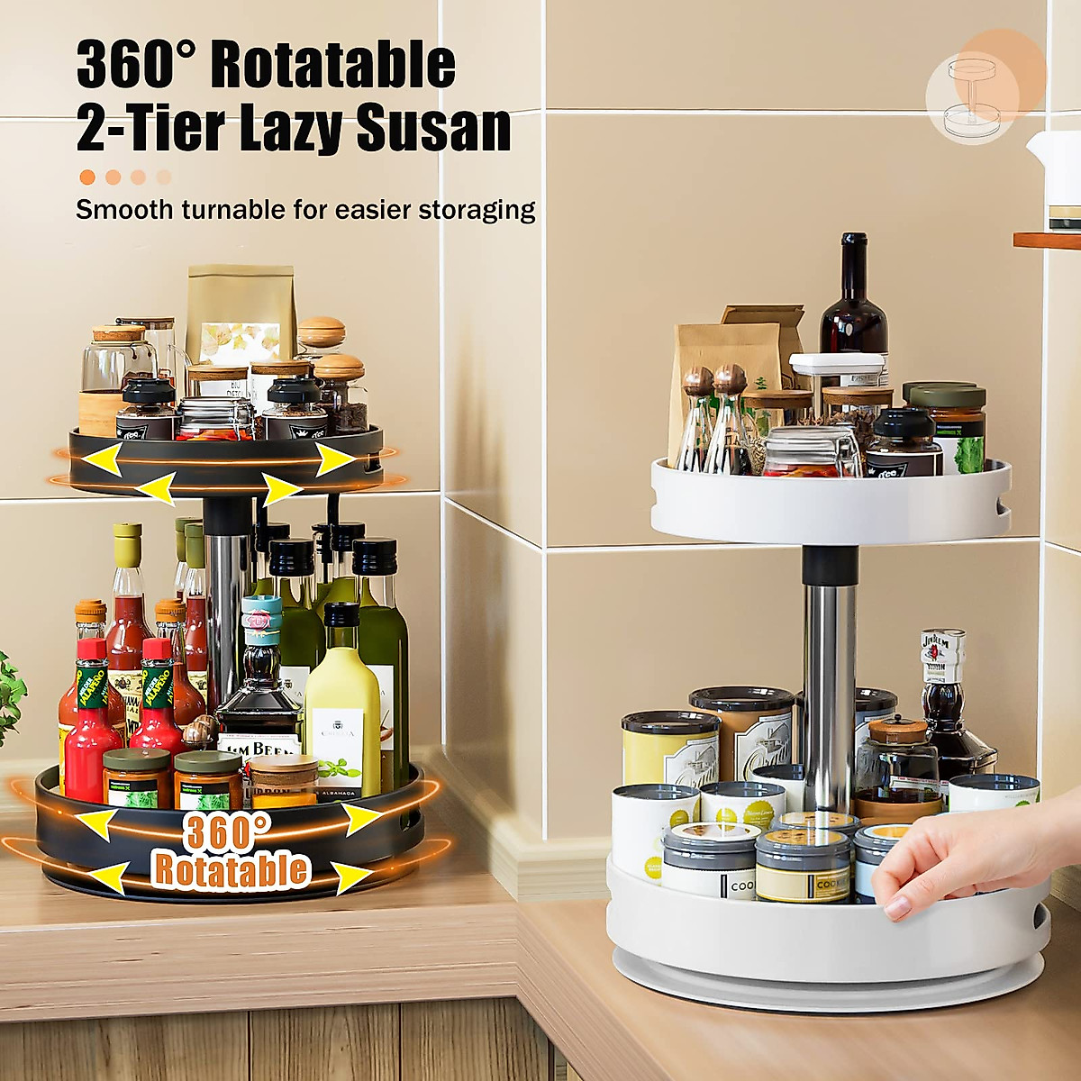 Lazy Susans Organizer 2 Tier Metal Steel Turntable Rotating Spice Racks for Cabinet Pantry Cupboard Table, 10 inch, Black