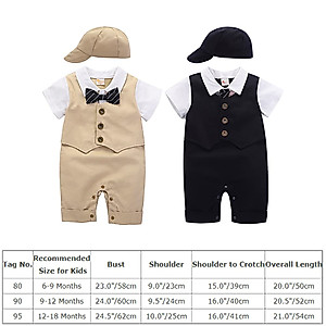 IDOPIP Baby Boy One-Piece Rompers Short Sleeve Jumpsuit Gentleman White Shirt Waistcoat Bowtie Tuxedo Formal Suit Infant Birthday Wedding Christening Outfit Clothes with Hat Black + Hat 6-9 Months