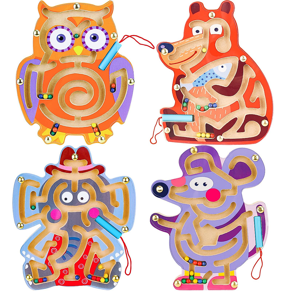 NiToy 4PCS Wooden Magnetic Maze Toys for Kids 3+, 7''x8'' Animal Interactive Puzzle Game Board Montessori Labyrinth STEM Activity Child Fine Motor Skill Development Preschool Birthday Gift (4 Animals)