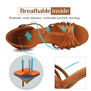 JUODVMP Women Latin Dance Shoes Brown Satin Ballroom Performance Salsa Tango Practice Dance Shoes 3inch High Heel Model WX217,8 US