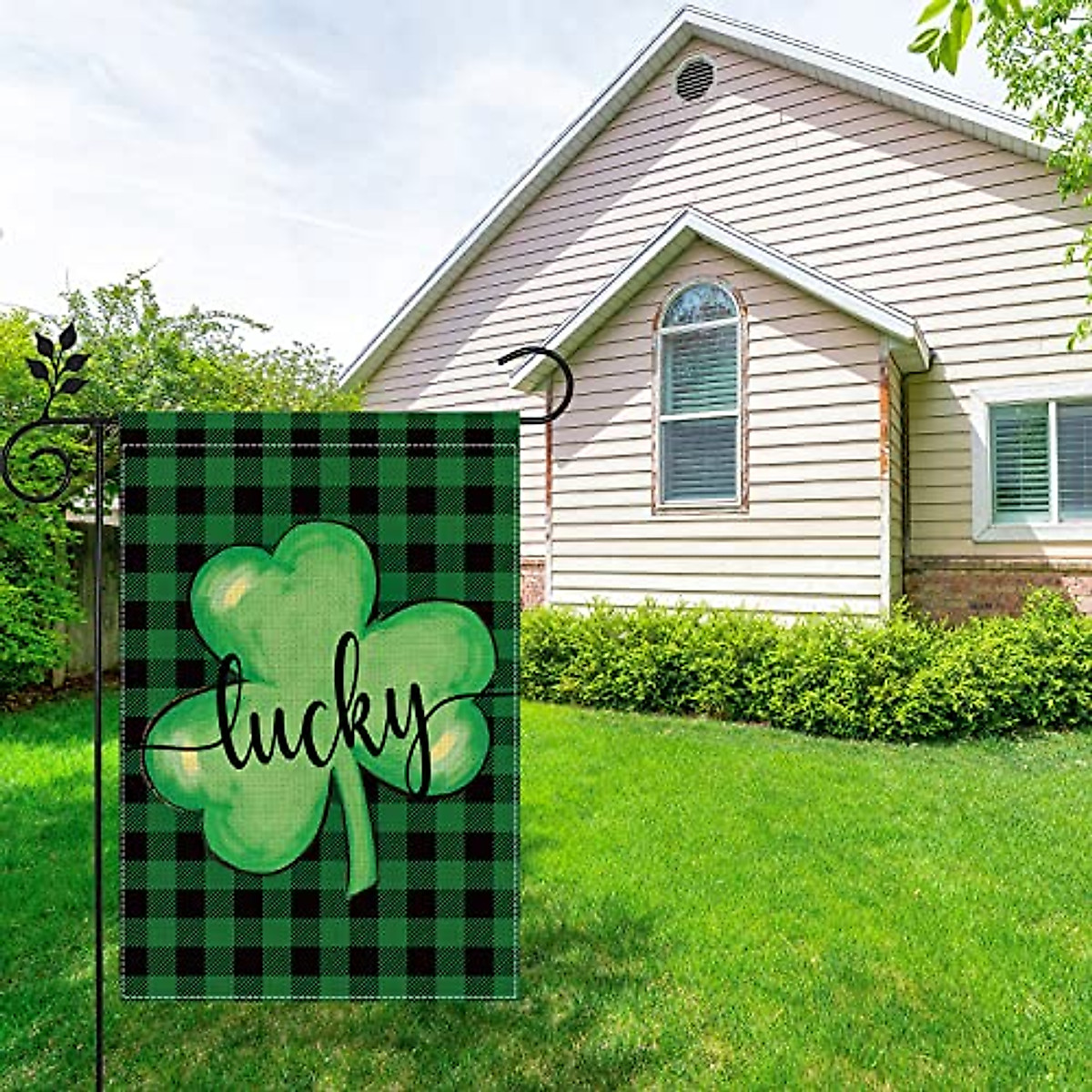 AnyDesign St. Patrick's Day Garden Flag Double-Sided Lucky Shamrock Yard Flag Rustic Green Black Buffalo Plaid Farmhouse Shamrock Outdoor Decoration for Irish Holiday, 12.5 x 18 Inch