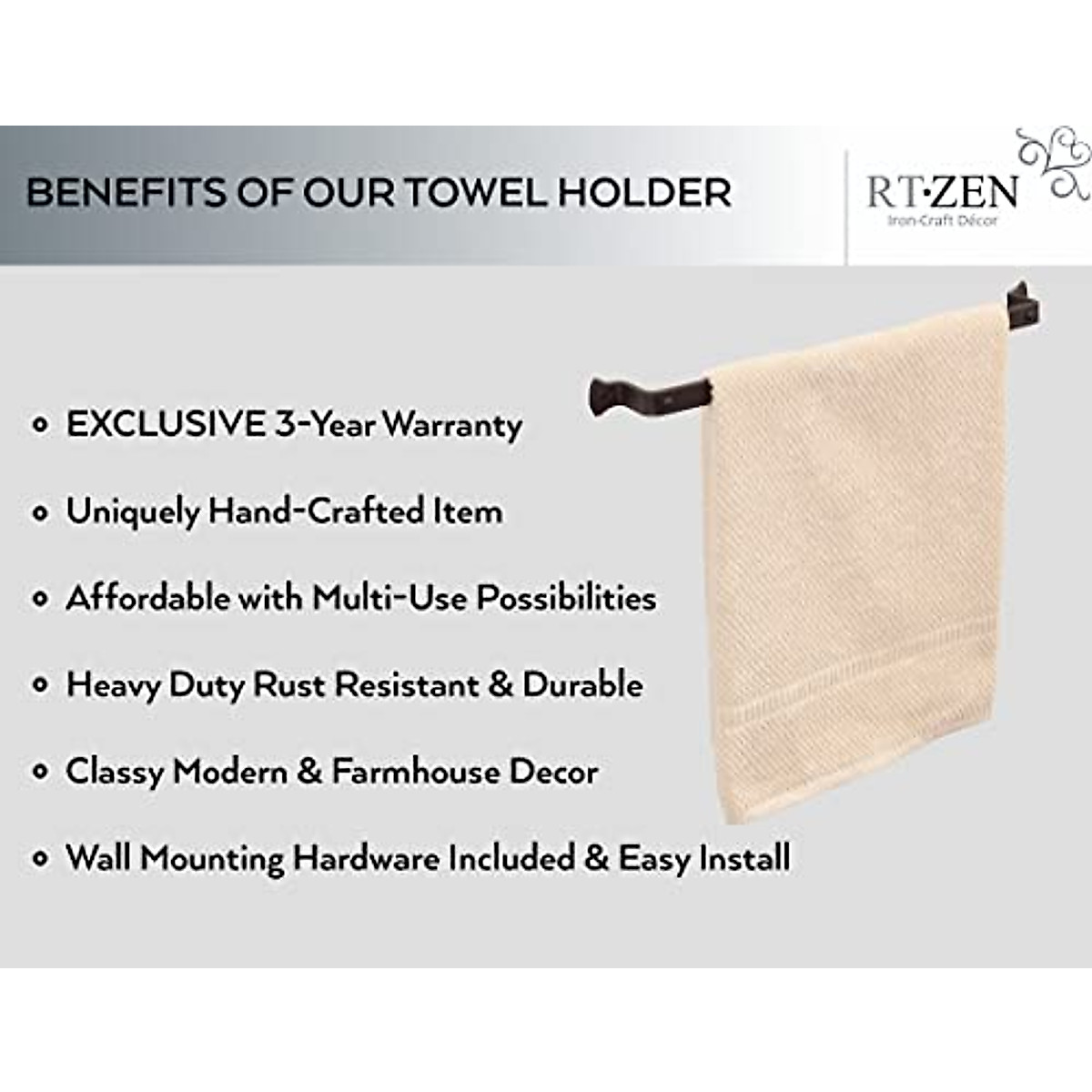 RTZEN Farmhouse Towel Rack for Bathroom - Handcrafted Wrought Iron Kitchen Towel Bar Straight Wall Mount Rod - Matte Black Towel Hanger for Home or Office - 17" Rack Fits 14" Towels (Medium)