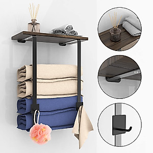 Towel Racks Wall Mounted for Bathroom Decor,Bathroom Rolled Towel Holder with Wooden Shelf,Metal Towels Organizer with 2 Black Adhesive Hooks,Simplicity Bathroom Storage