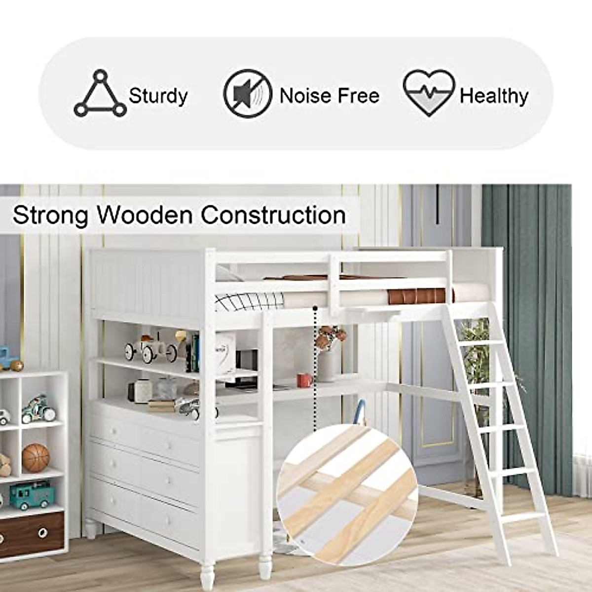 Merax Multi-Functional Full Loft Bed with Built-in Desk/6 Storage Drawers/Shelf, Full Size Wooden Loft Bed with Ladder and Guardrails, No Box Spring Required Wood Bed Frame, White