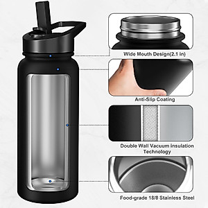 40oz Insulated Water Bottle with 3 Lids(Straw, Hand and Spout Lid), Double Vacuum Stainless Steel Metal Water Flask(BPA-free, CPC) for Sports, Camping, Hiking, Cycling, Fitness and more(Black)