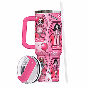 GEPOSTORE Christmas Gifts for Women Teens Girls, Pink Tumbler 40 Oz With Handle and Straw, Cute Horror Characters Cup, Funny Christmas Halloween Decorations Gifts, Birthday Gifts for Horror Fans