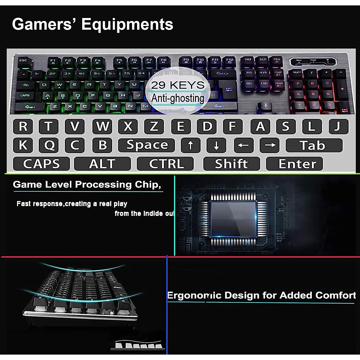 Rechargeable Gaming Keyboard Mouse Combo,2.4G Wireless Backlit Mechanical Feeling Ergonomic Keyboards with Optical Mice Set for Computer Game (Black)