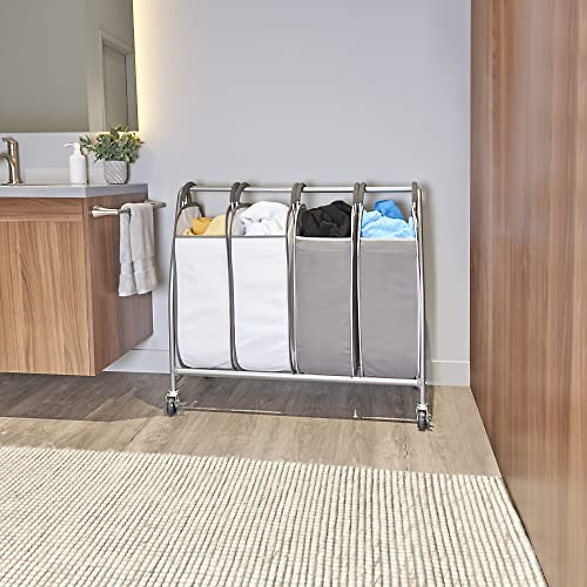 4 Pocket Laundry Hamper With Wheels by Neatfreak! - Rolling Storage Cart With 4 x Dirty Clothes Hamper Tote Bags For Towels, Blankets & Bathroom Organization - Quad Laundry Sorter - 39 x 16 x 35 in