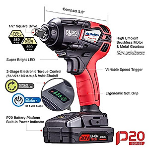 ACDelco ARI20174-PM P20 Series 20V Cordless Li-ion 1/2” 369 ft-lbs. Heavy Duty Brushless Impact Wrench Tool Kit