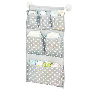 mDesign Soft Fabric Wall Mount/Over Door Hanging Storage Organizer - Self-Adhesive Tape - 6 Pockets for Child/Kids Room or Nursery - Polka Dot Print - Gray/White