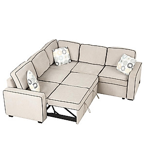 P PURLOVE L-Shaped Pull Out Sleeper Sofa Bed, Modern Convertible Sleeper Sofa with 2 USB Ports, 2 Power Sockets and 3 Pillows, L Shape Linen Sectional Sofa for Living Room, Bedroom, Office, Cream