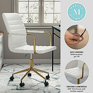 Martha Stewart Taytum Swivel Task Chair with Armrests for Home Office in White Faux Leather with Polished Brass Frame