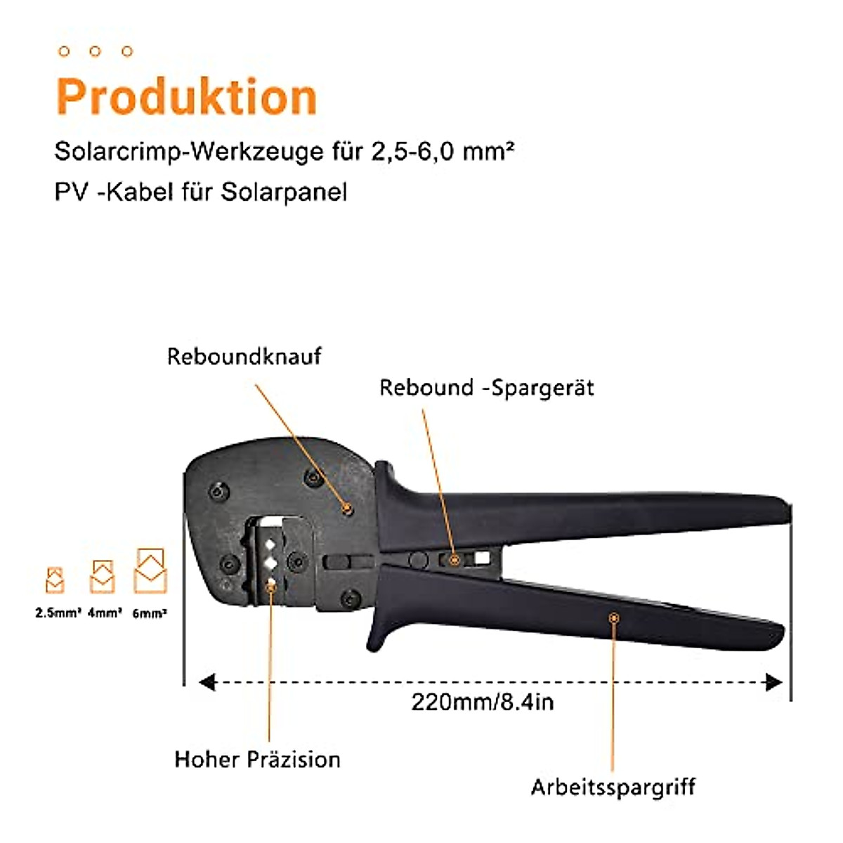 Solar PV Cable Crimping Tool for Solar Connectors, AWG14/12/10/8, 2.5/4/6/10mm2, Solar Crimper (black)