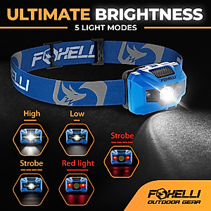 Foxelli LED Headlamp Rechargeable – Ultralight USB Rechargeable Headlamp Flashlight for Adults & Kids, Waterproof Head Lamp with Red Light for Running, Camping, Hiking & Outdoor