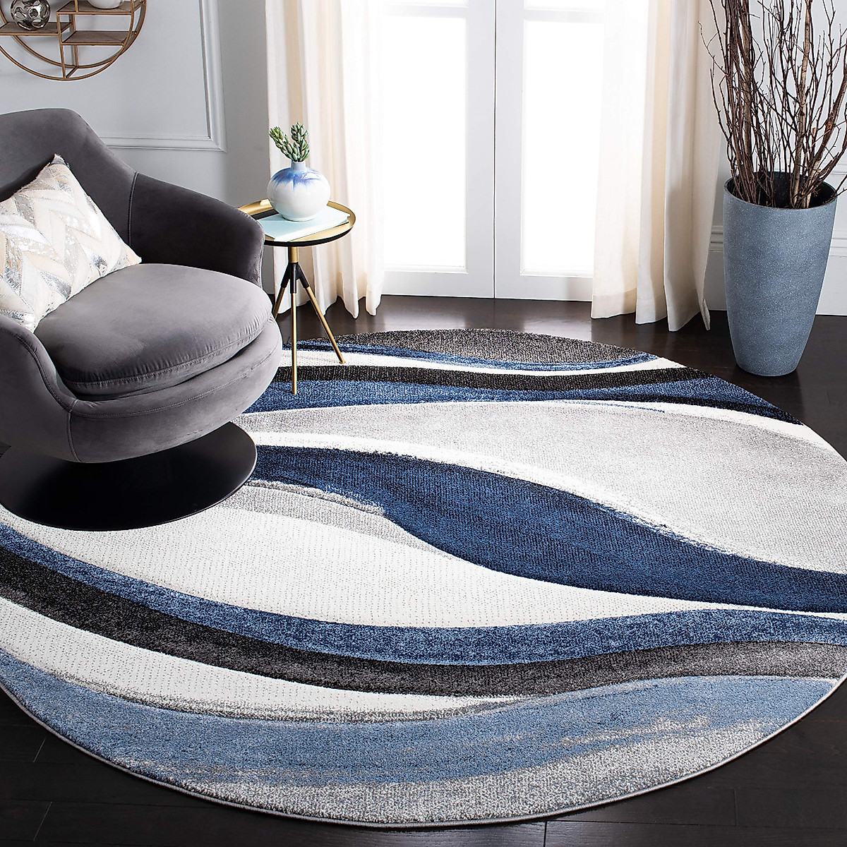 SAFAVIEH Hollywood Collection 6'7" Round Grey/Blue HLW766F Mid-Century Modern Non-Shedding Dining Room Entryway Foyer Living Room Bedroom Area Rug