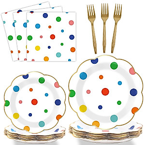 96 Pcs Colorful Birthday Plates and Napkins Colorful Polka Dots Party Supplies Rainbow Dots Tableware Table Decorations Confetti Plates Napkins Rainbow Party Favor for Baby Shower Wedding 24 Guests