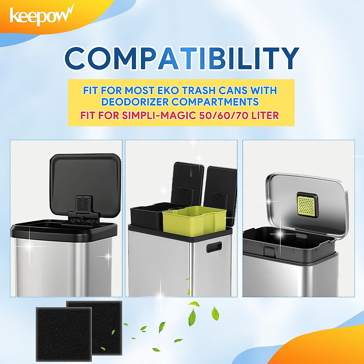 KEEPOW 8 Pack Trash Can Deodorizer Compatible with EKO Trash Can, Activated Charcoal Odor Absorber for Trash Can and Compost Bin, Garbage Can Deodorizer for Indoor Kitchen Compost Bucket (Square)