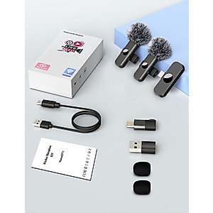 Ponovo Lavalier Microphone for USB C Android Phone, Wireless Mini Lapel Mic Compatible with iPhone 15 (USB-C), Dual Clip on Lav Mic Lasting 12H for Video Recording YouTube Vlog Tiktok Livestream